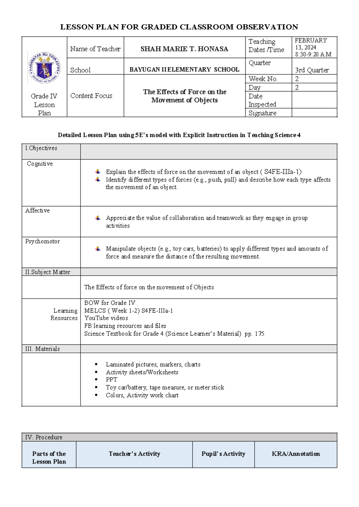 3rd Quarter Science 4 Lesson Plan: Effects of Force on Movement - Studocu