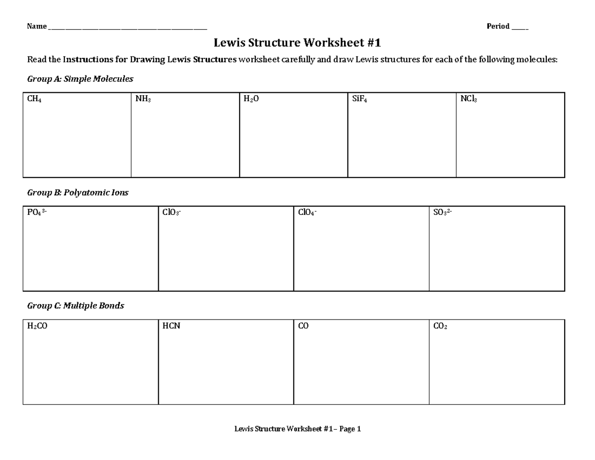 Lewis Structure Worksheet #1 - uhg - Drawing and Analyzing Structures ...