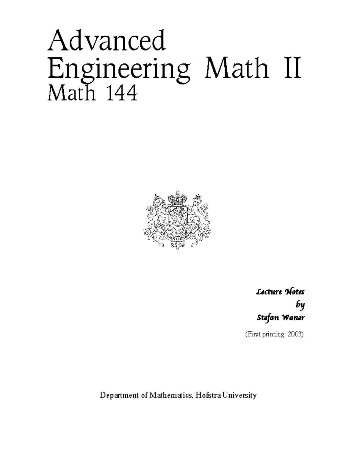 Advanced Engineering Math II (MATH 144) - Lecture Notes by Stefan Waner ...