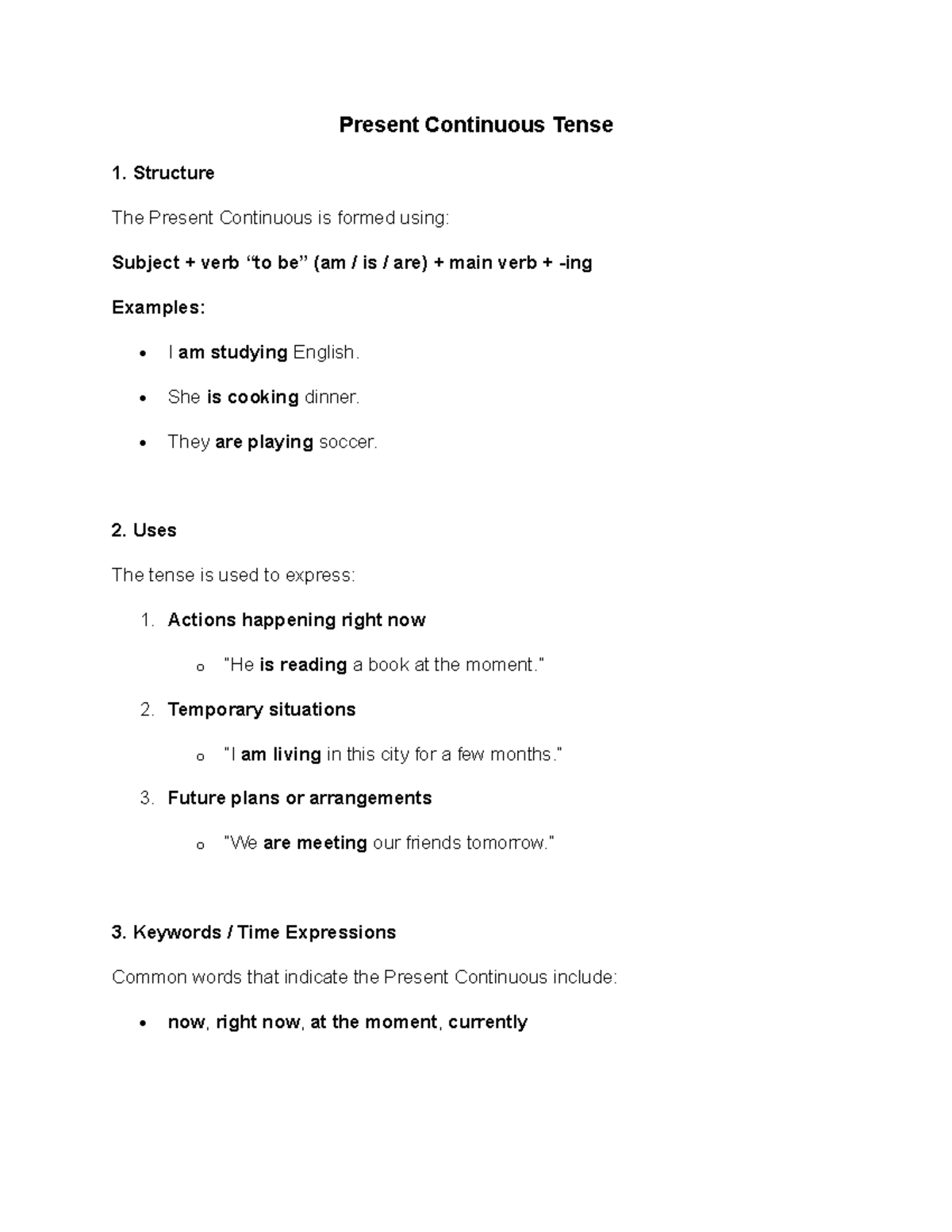 Present Continuous Tense: Structure, Uses, and Examples - Studocu