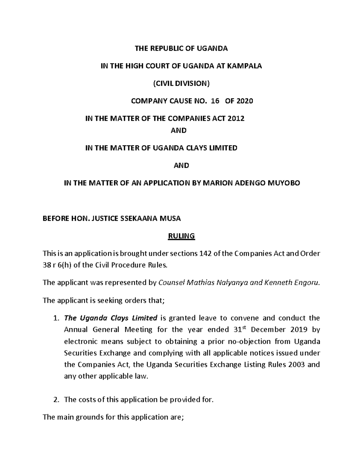 UCL 2020 Virtual AGM Ruling: High Court Decision on Uganda Clays Ltd ...