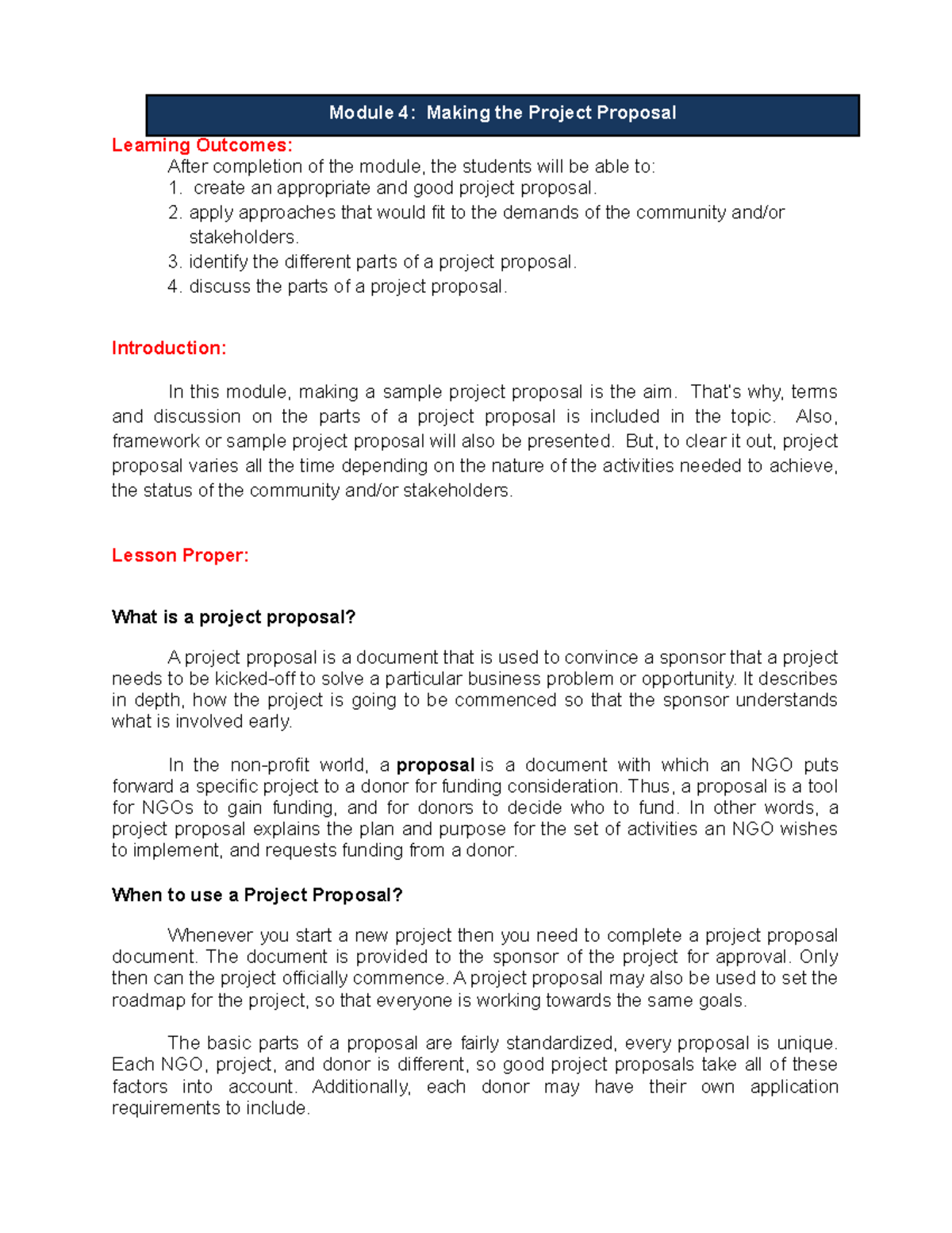 Module 4: Crafting Effective Project Proposals for Success - Studocu