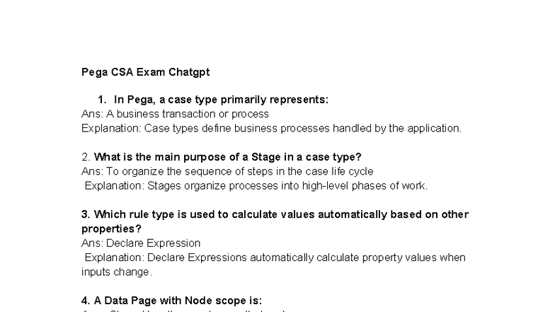 Pega CSA Exam Prep - Essential Questions for Practice - Studocu