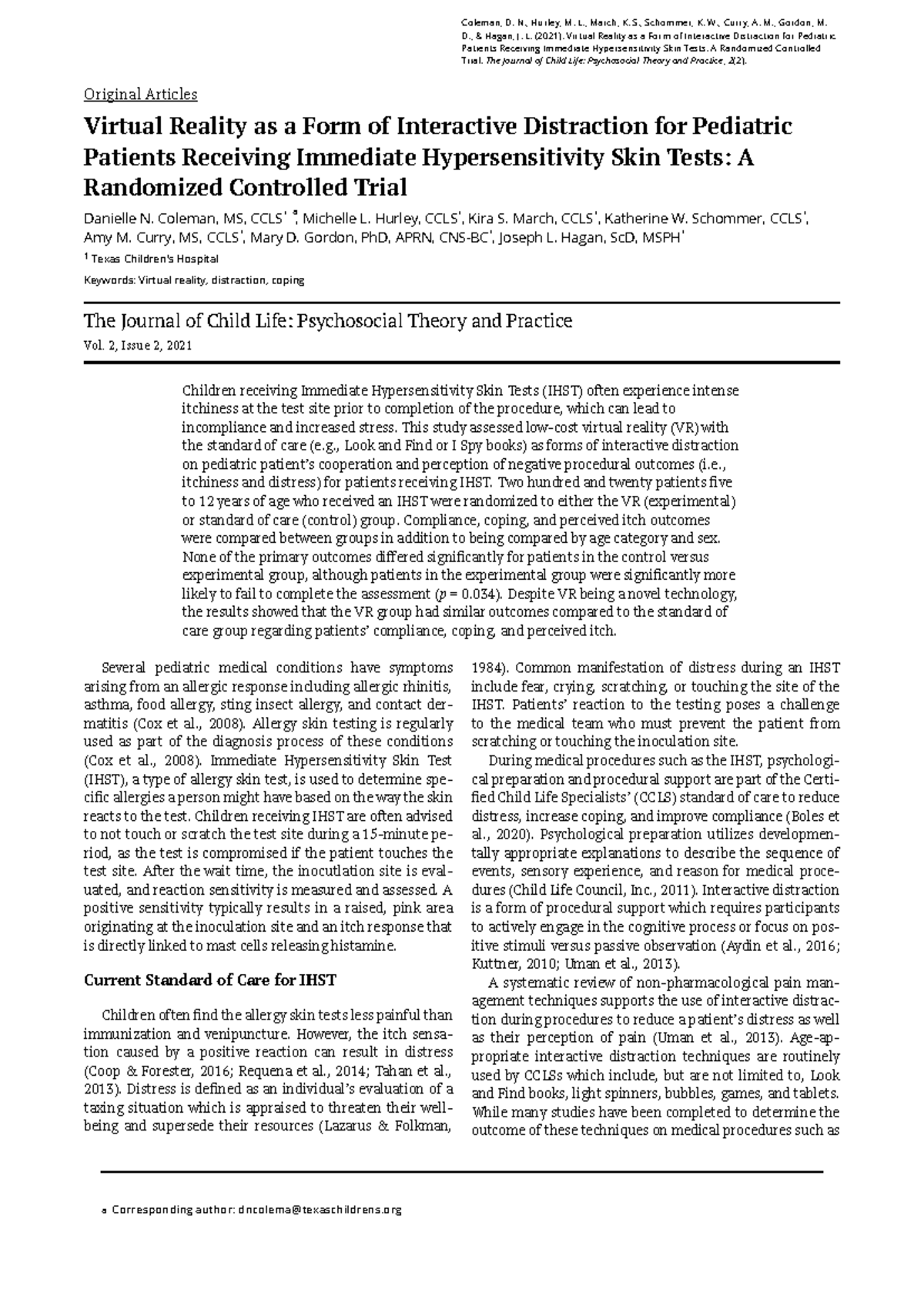 Interactive Distraction in Pediatric IHST: VR vs. Standard Care - Studocu