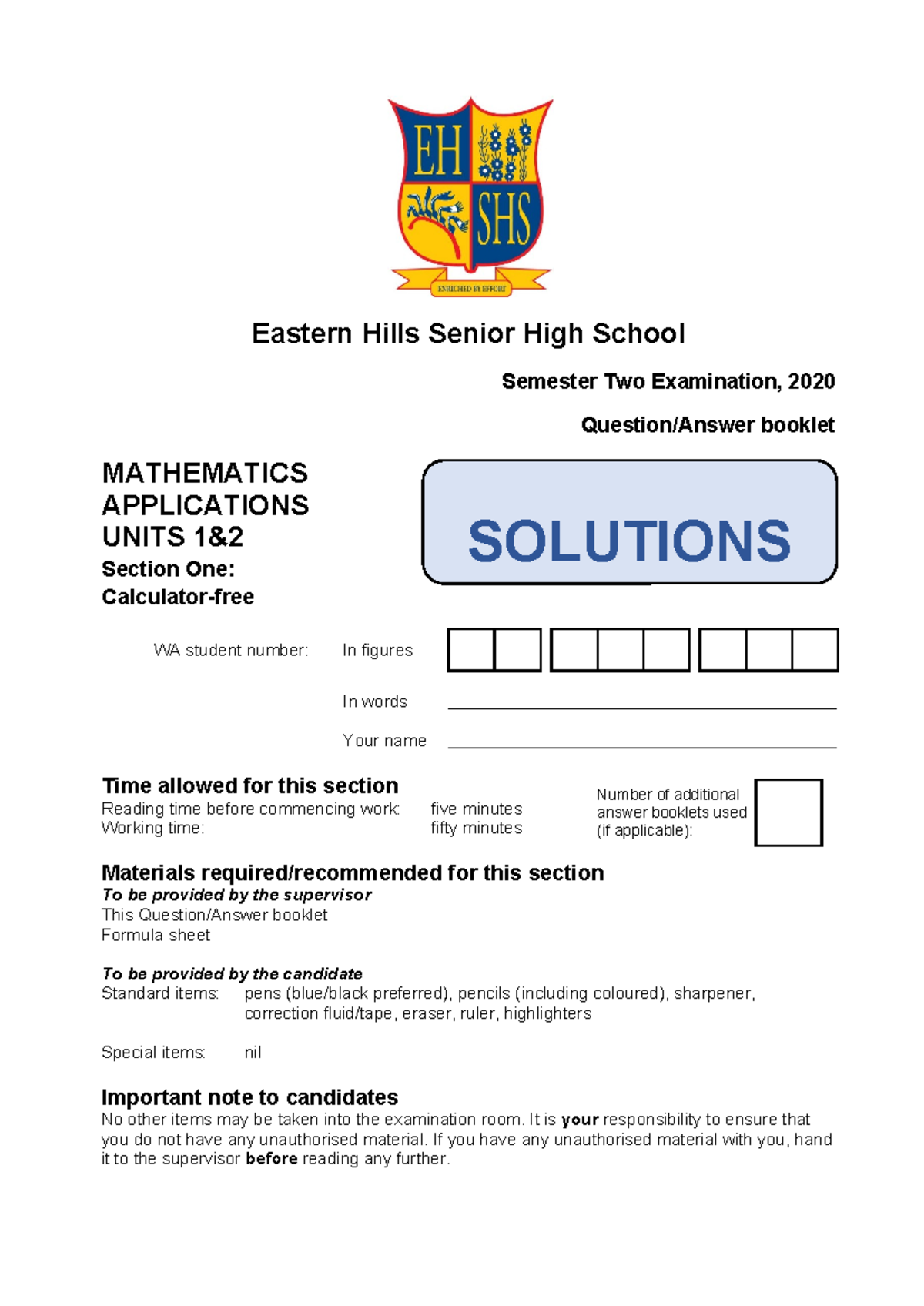 WAEP 2020 YR11 APPS U12 S1 Exam Solutions - Studocu