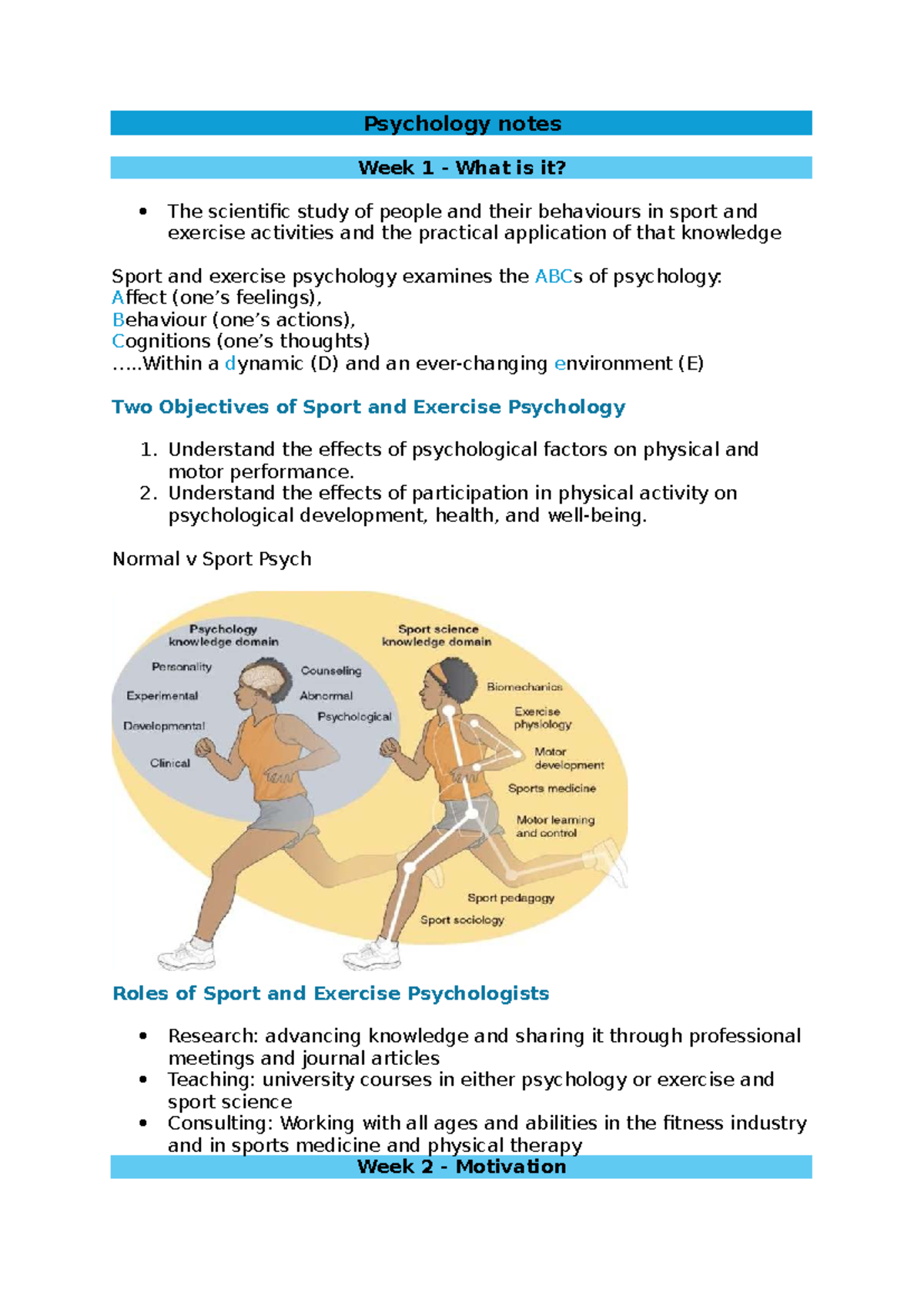Psychology Notes PSY101: Weeks 1-5 Overview of Sport & Exercise ...