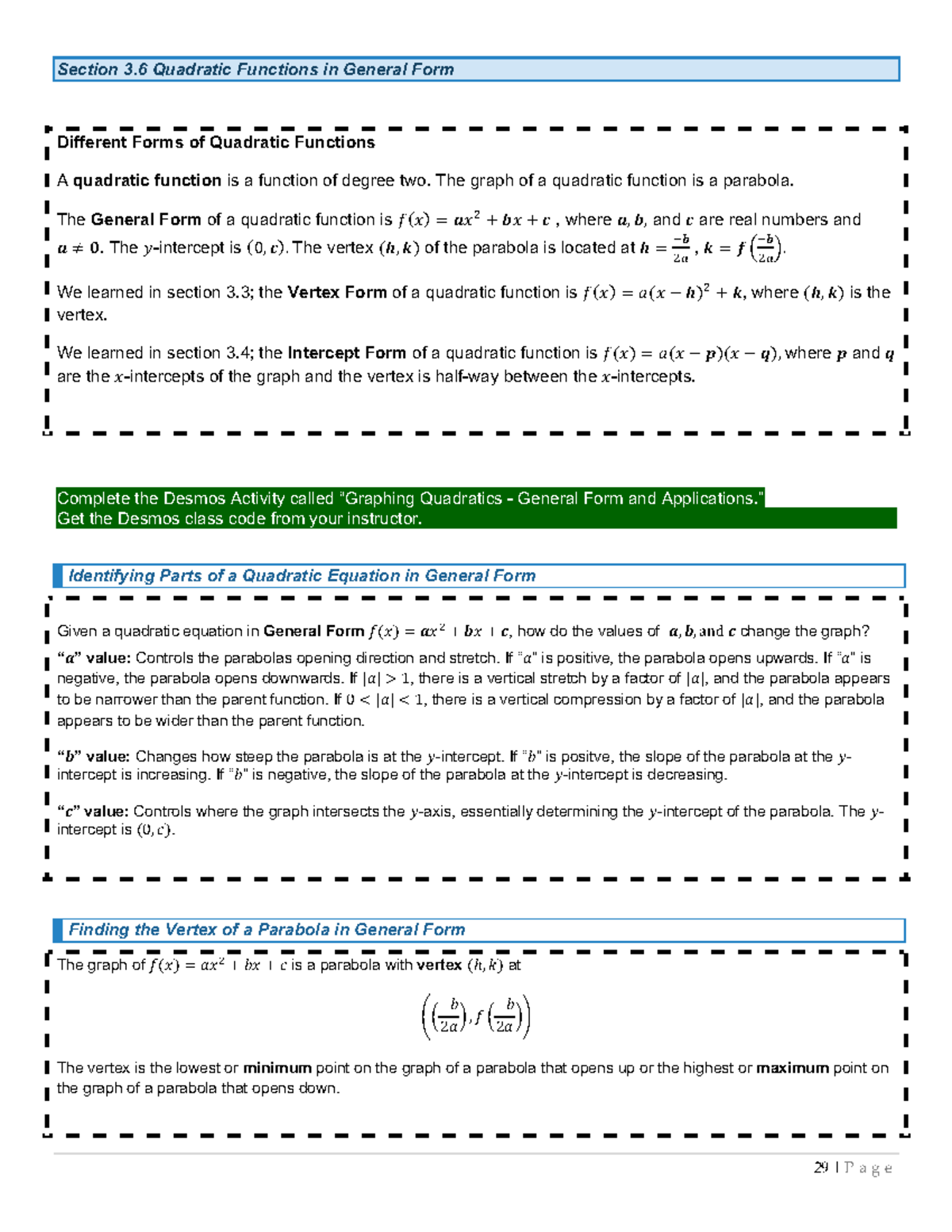 Math 1010 Lecture Notes: Quadratic Functions & Vertex Form Analysis ...