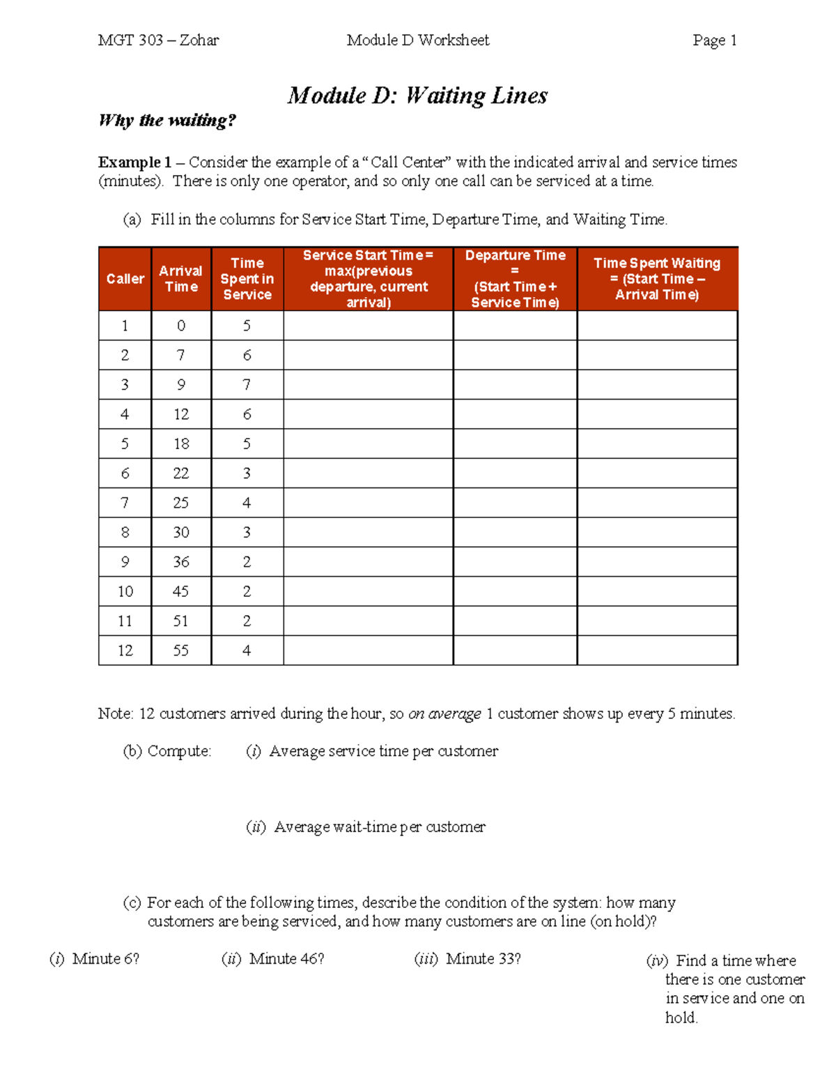Module D Waiting Lines Worksheet - Module D: Waiting Lines Why the ...