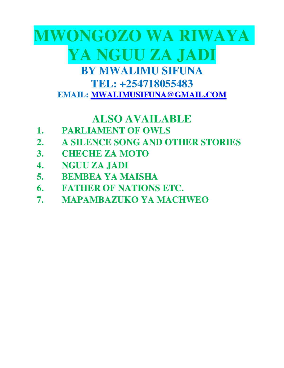 Mwongozo wa Riwaya ya Nguu za Jadi - Insha Iliyo Kamili - Studocu