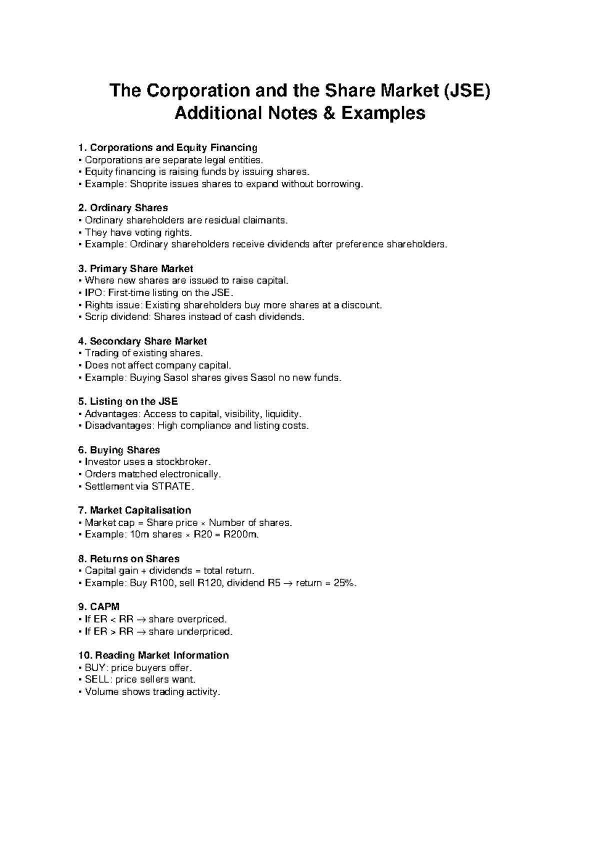 JSE Corporation and Share Market: Key Concepts and Examples - Studocu