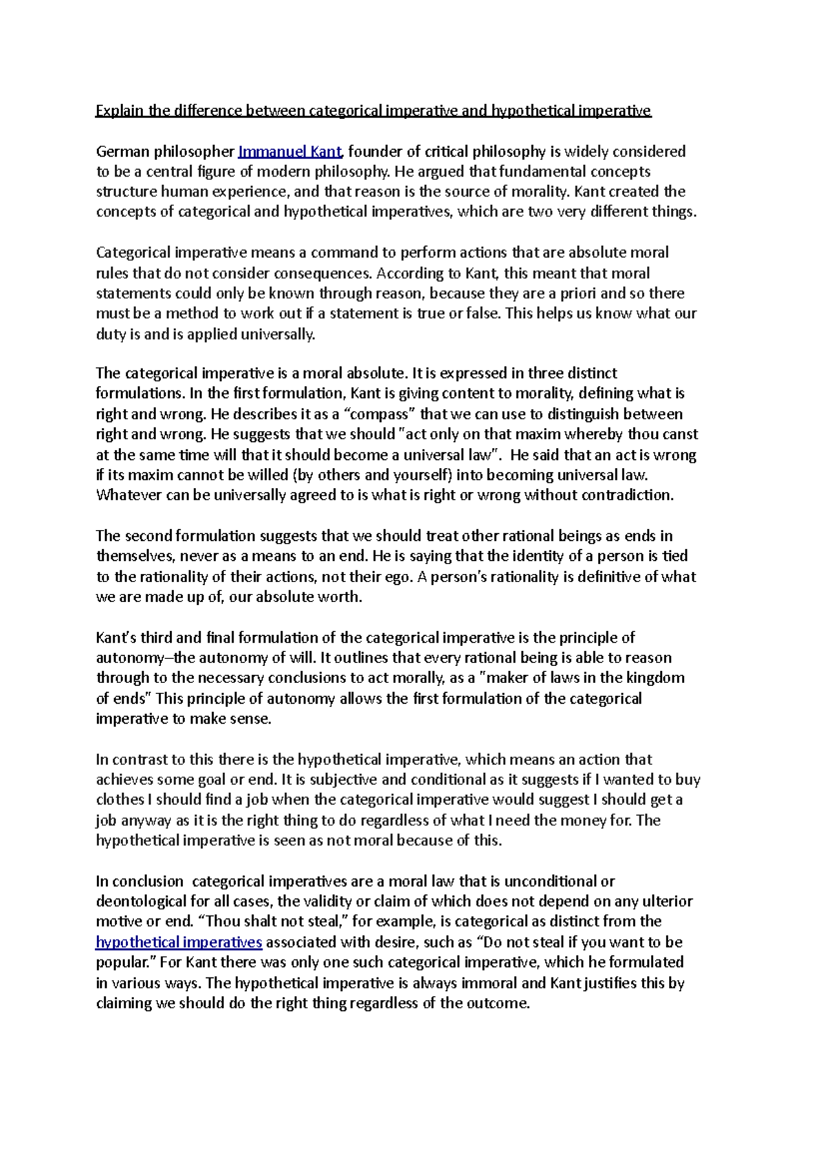 Kant’s Moral Philosophy: Categorical vs. Hypothetical Imperatives - Studocu