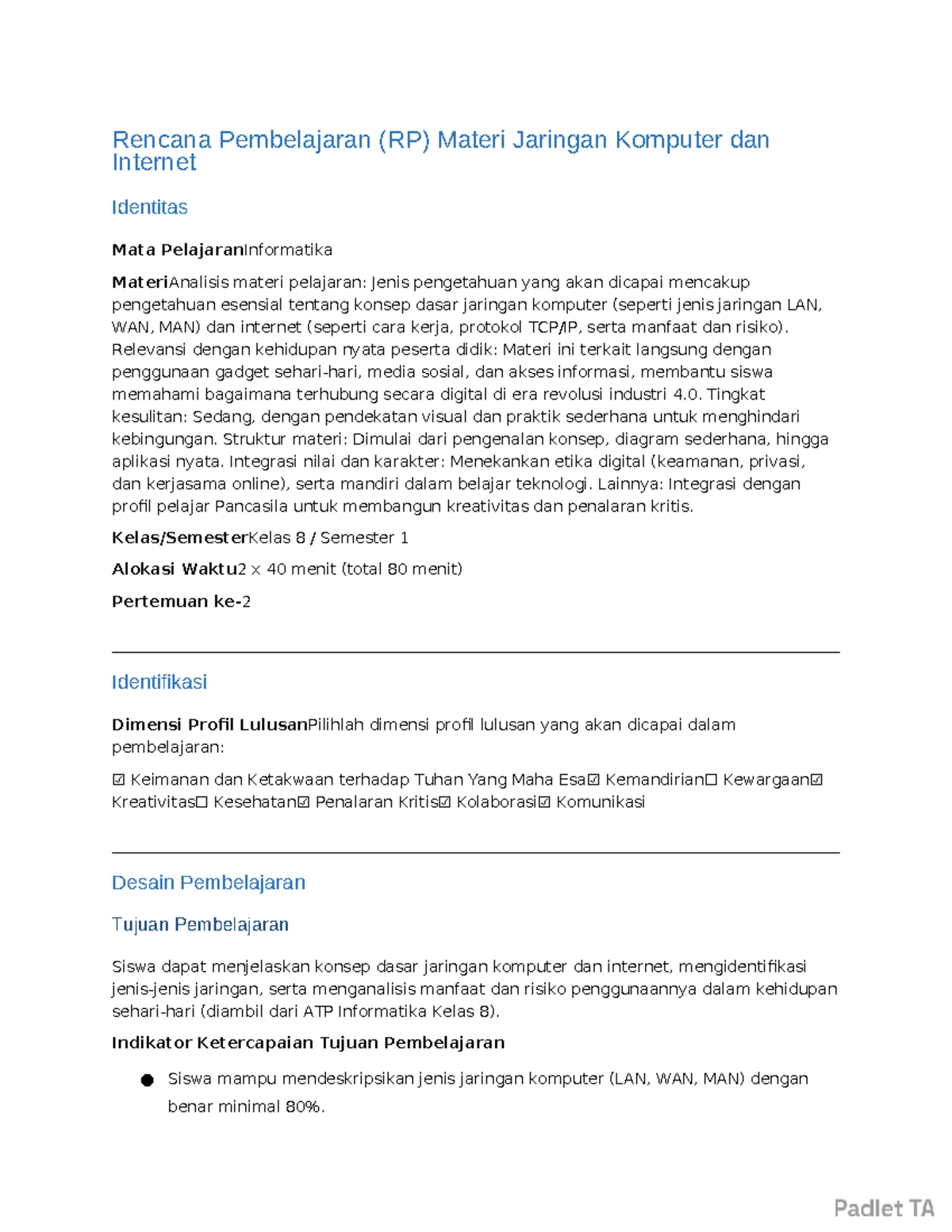 Rencana Pembelajaran (RP) Jaringan Komputer & Internet Kelas 8 - Studocu