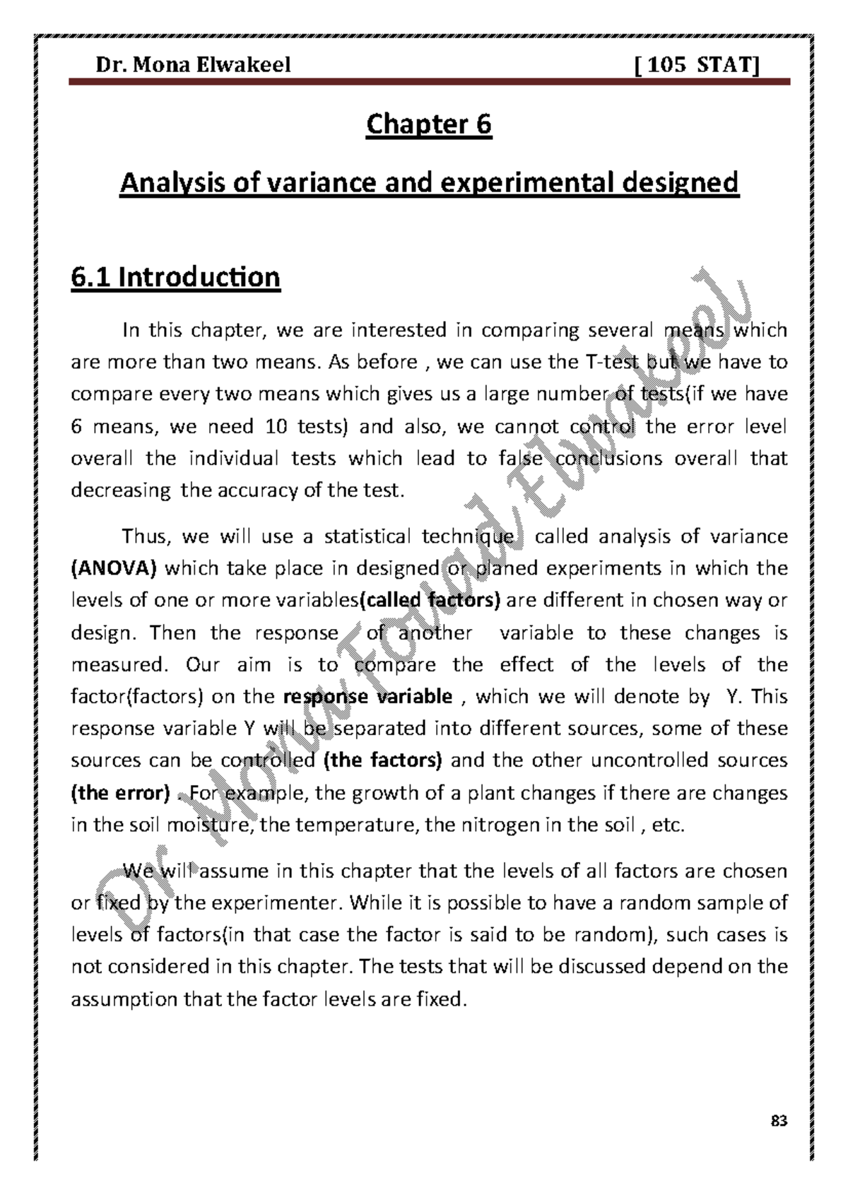 Anova Notes Fyi Chapter 6 Analysis Of Variance And Experimental Designed 6 Introduc On In