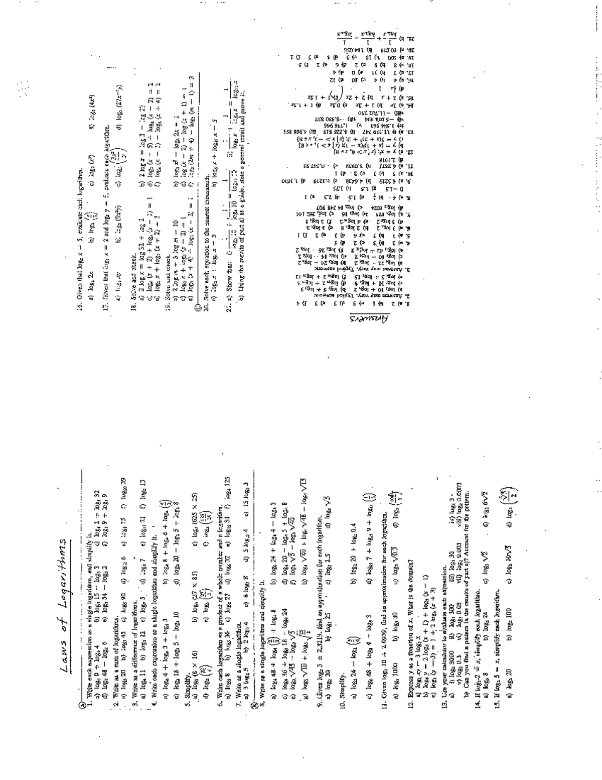 Laws of Logs Worksheet I: Evaluating and Simplifying Logarithms - Studocu