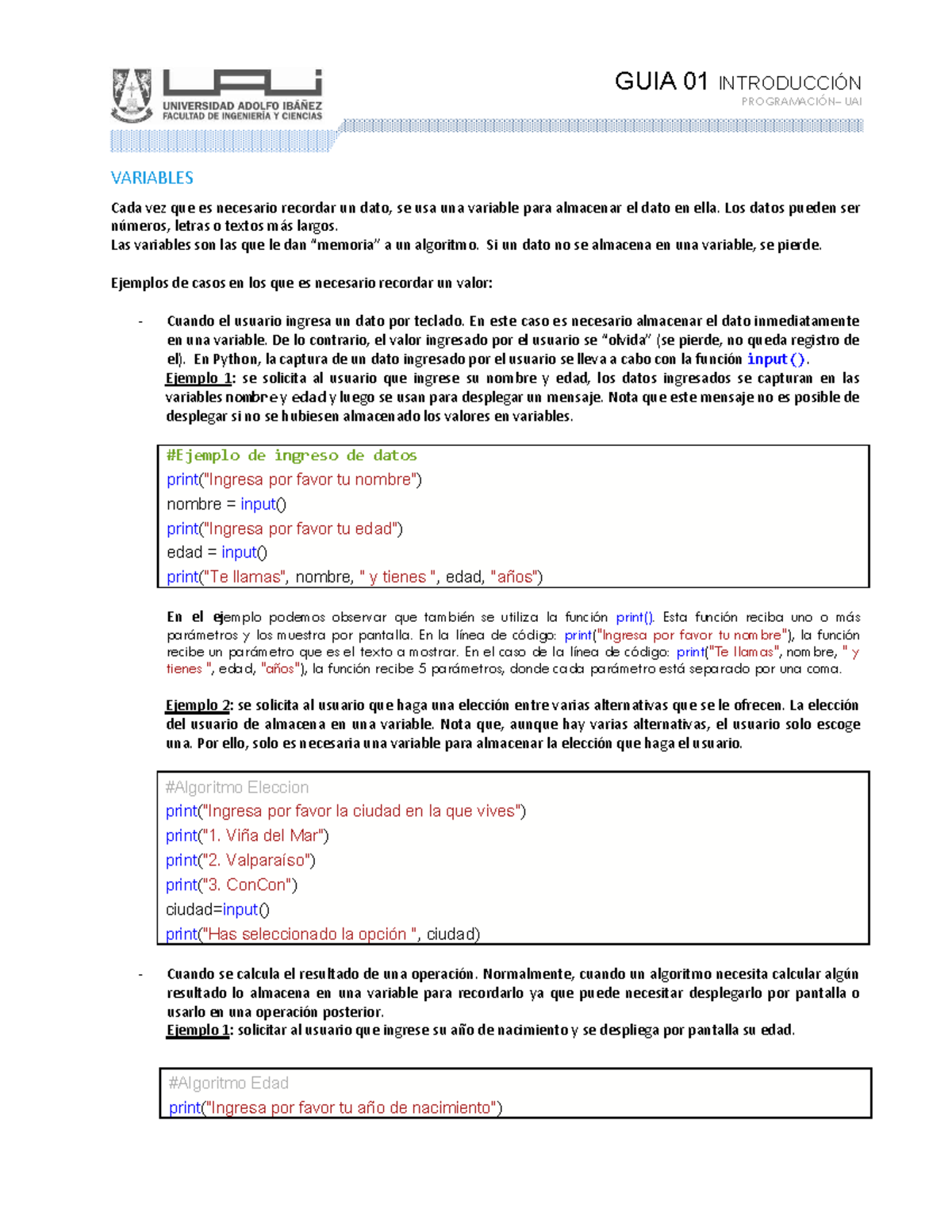 GUÍA 01 UAI: Introducción a Variables en Python con Ejercicios - Studocu