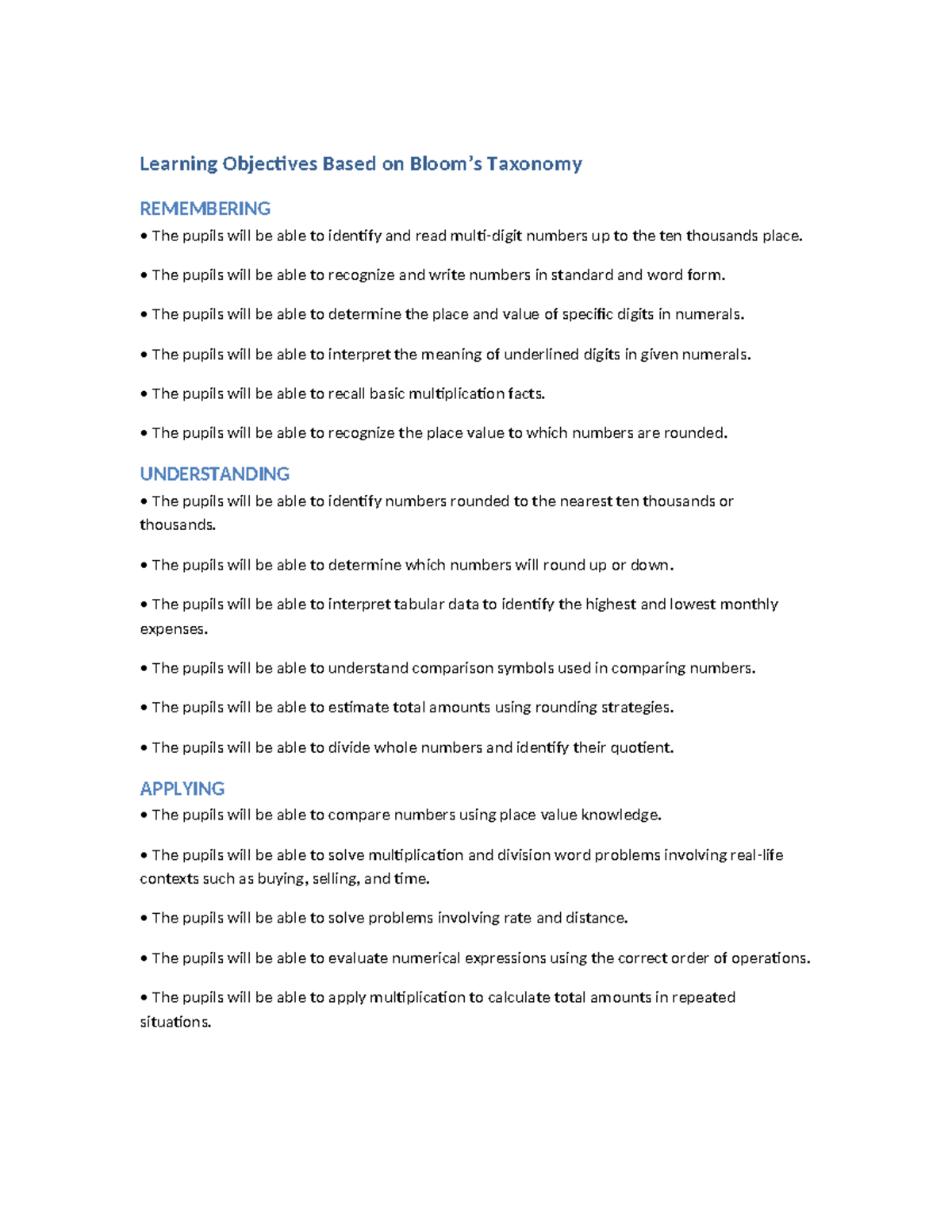 Math Objectives: Bloom's Taxonomy for Understanding Numbers - Studocu
