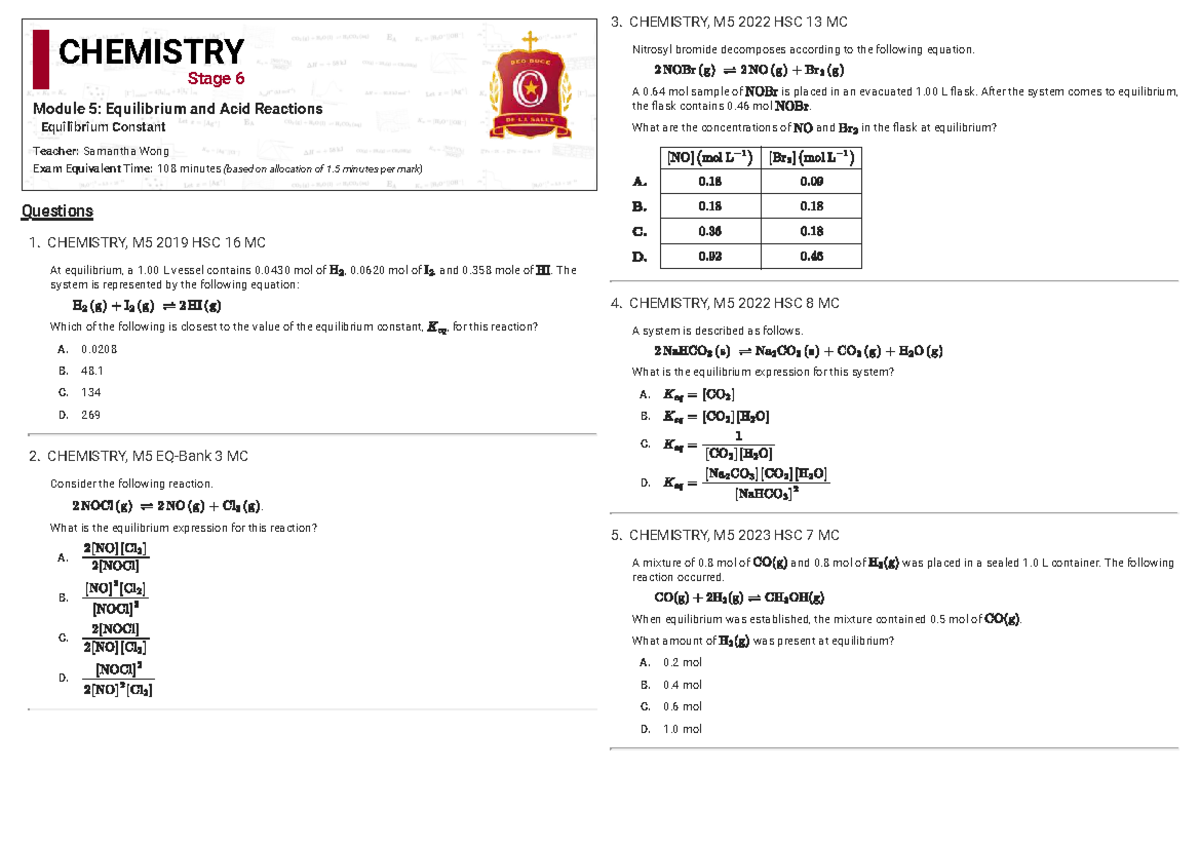 M5 Chemistry 2022 HSC Equilibrium & Acid Reactions Practice Questions ...