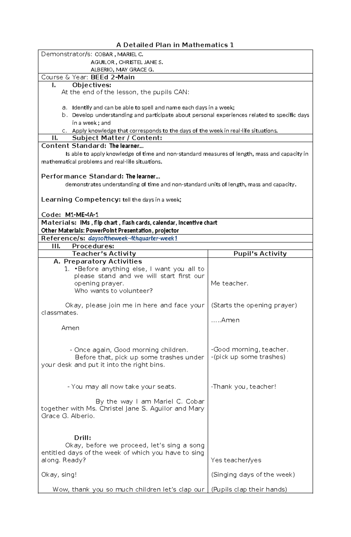 A Completed Lesson Plan in Mathematics 1 Group 9 - A Detailed Plan in ...