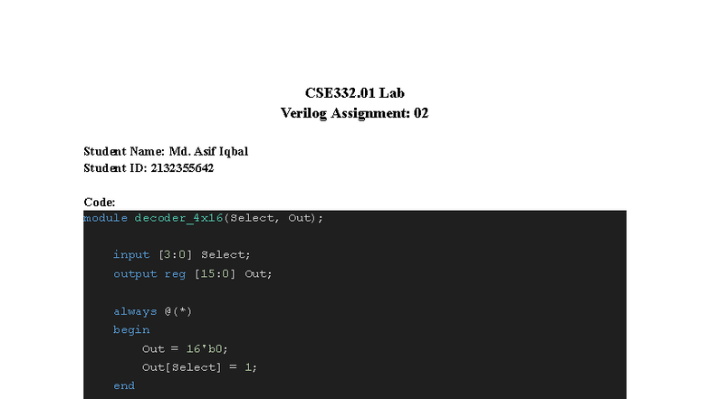 CSE332.01 Lab Verilog Assignment 02: Decoder and Mux Implementation - Studocu