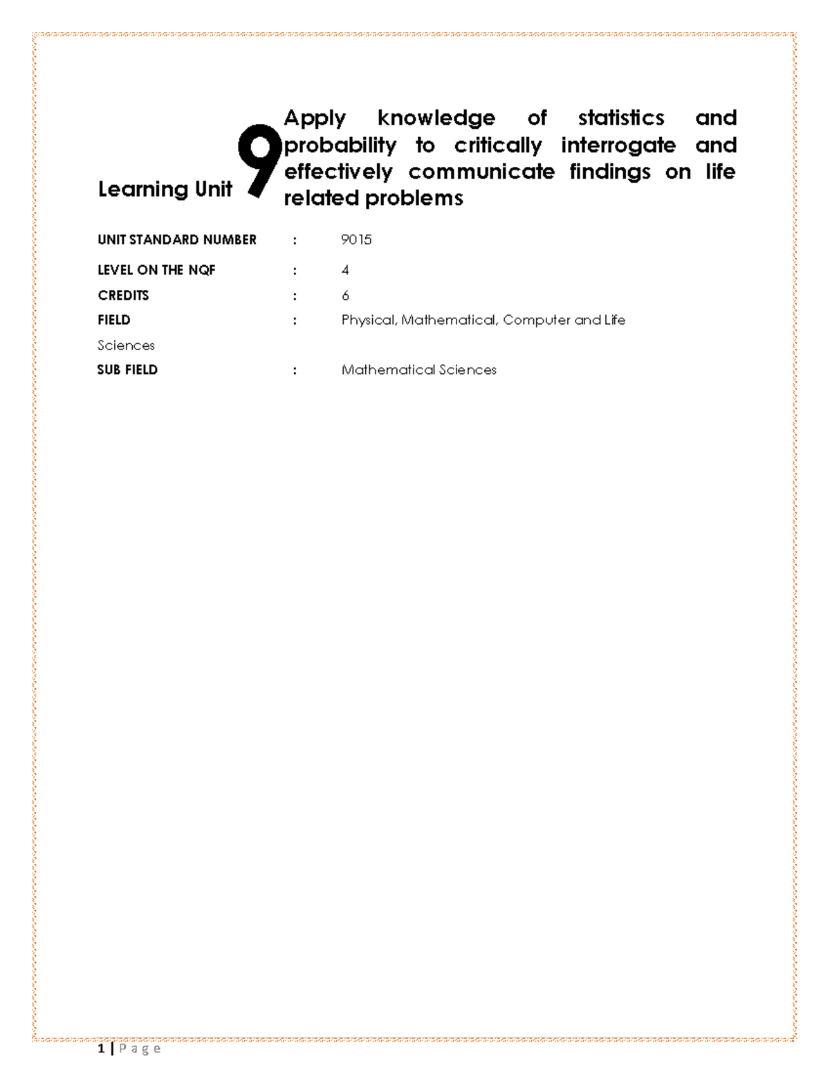 Unit Standard 9015: Stats & Probability for Life-Related Problem ...