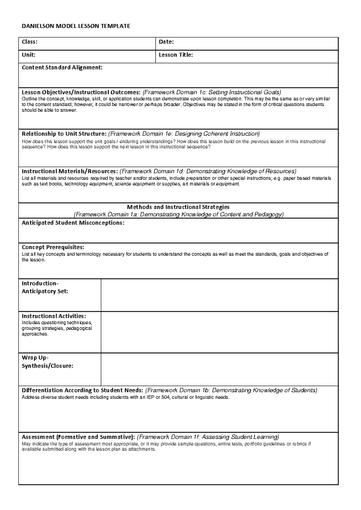 Danielson Framework Lesson Plan - DANIELSON MODEL LESSON TEMPLATE Class ...