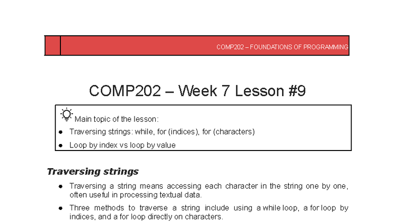 COMP202 Week 7 Lesson: Traversing Strings with Loops - Studocu