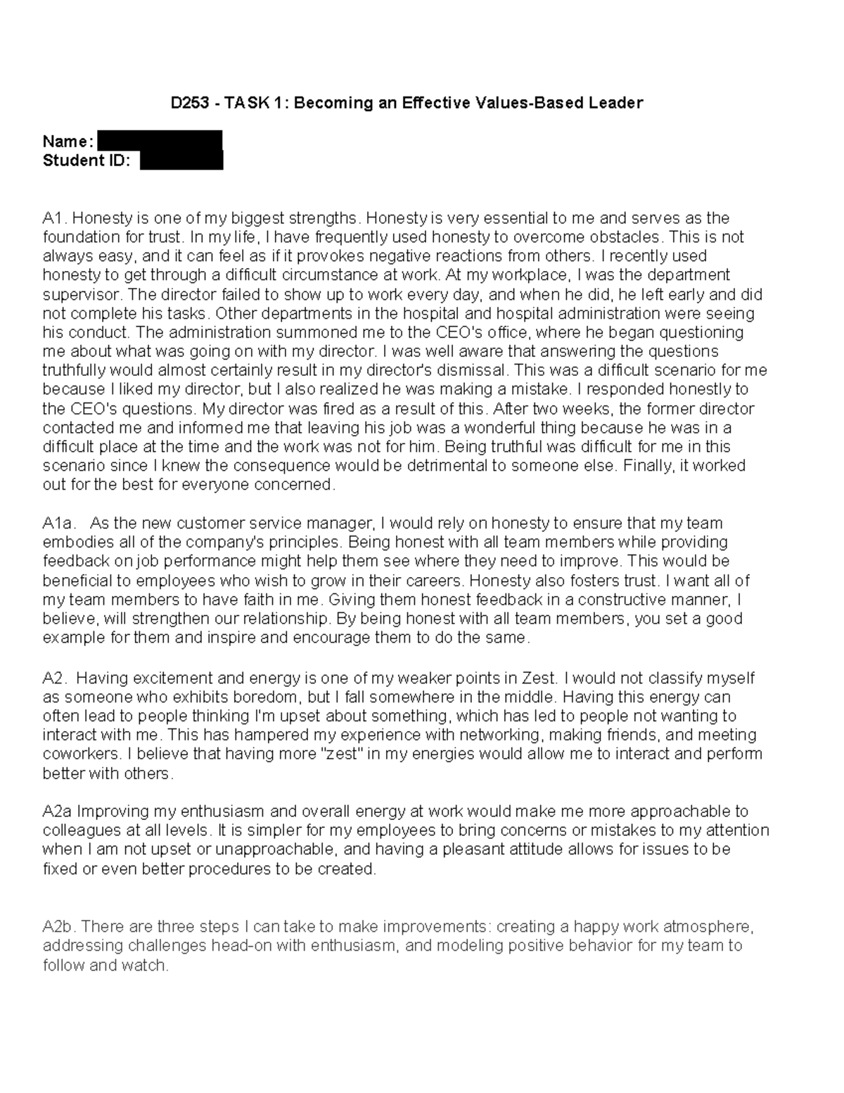 D253 Task 1: Becoming an Effective Values-Based Leader Insights - Studocu