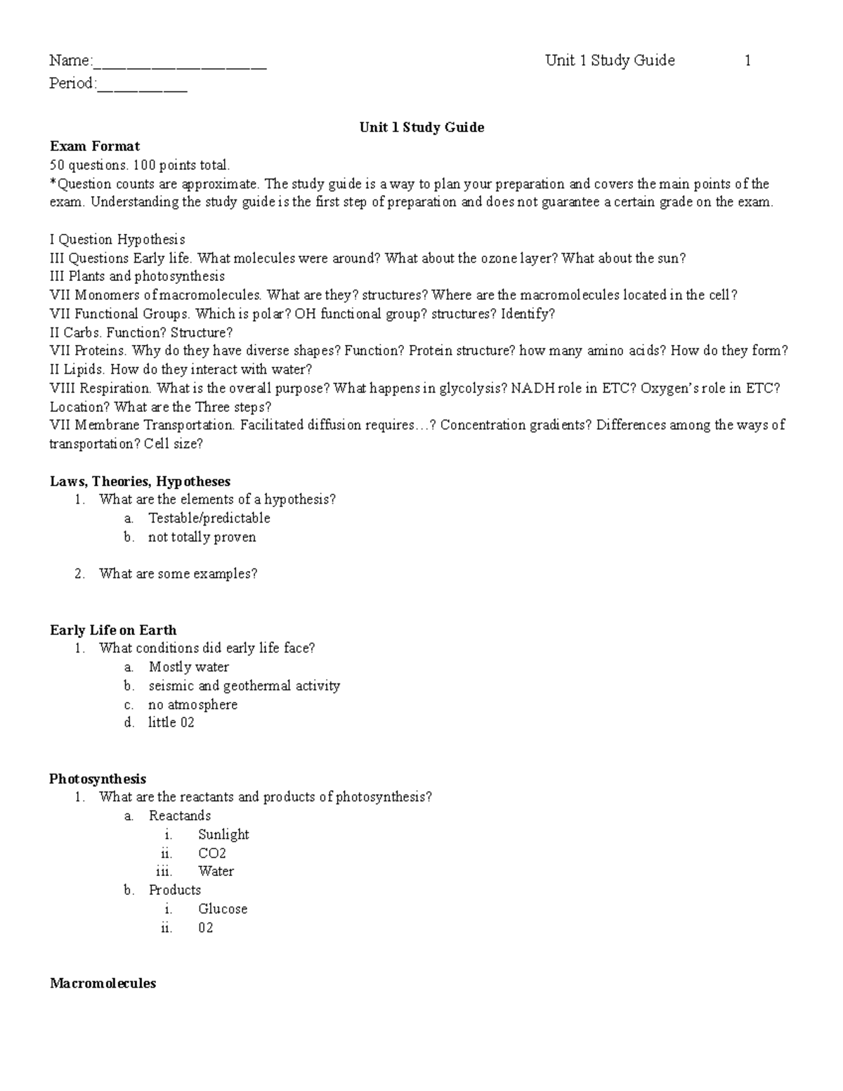 Unit 1 BIO 101 Study Guide: Key Concepts & Exam Prep - Studocu