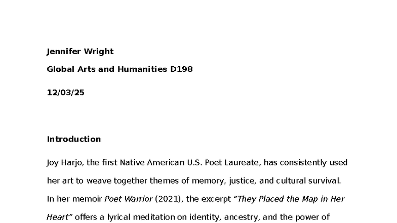 D198 Task 2 Paper: Analyzing Joy Harjo's "Placed the Map in Her" - Studocu