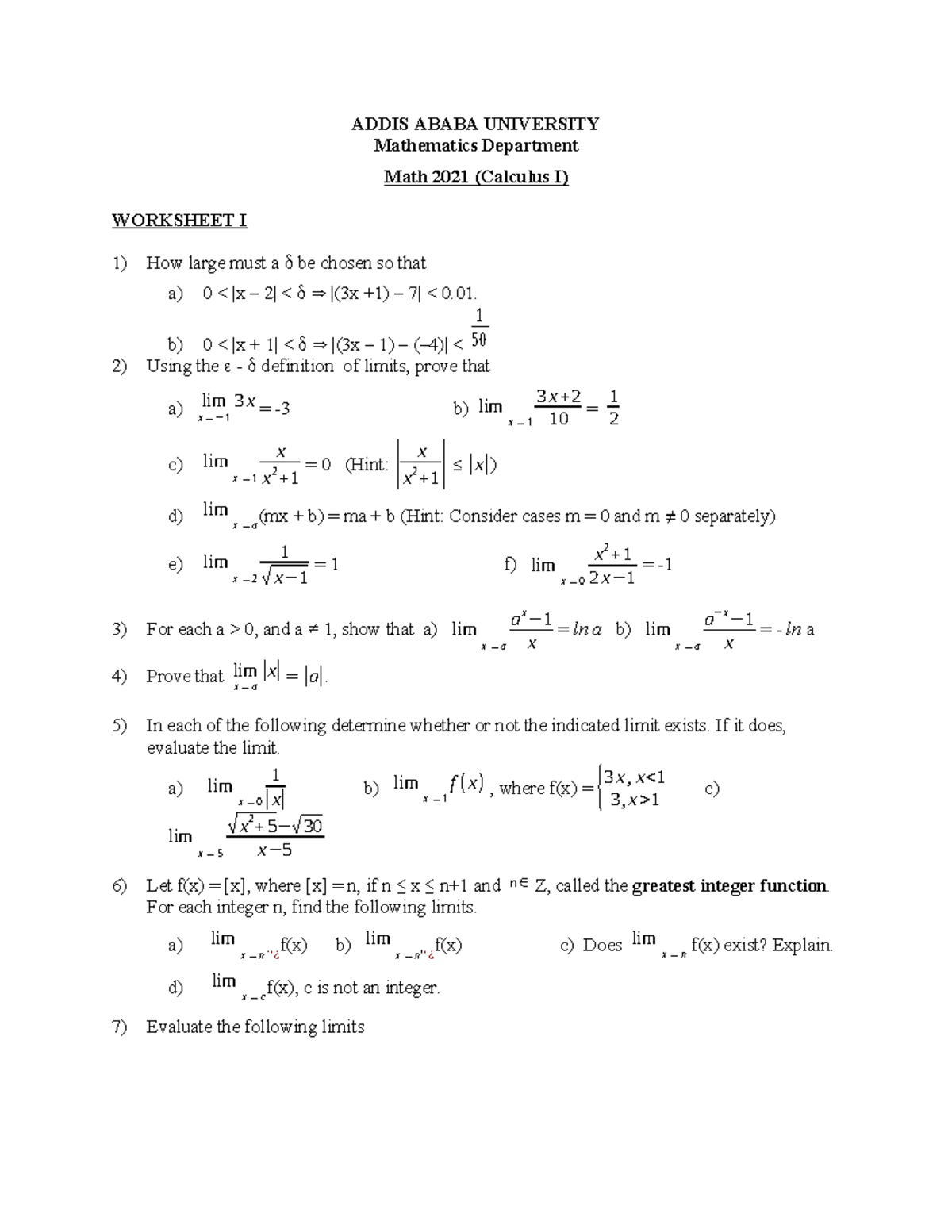 Calculus I (Math 2021) Worksheet 2: Limit Evaluations and Proofs - Studocu