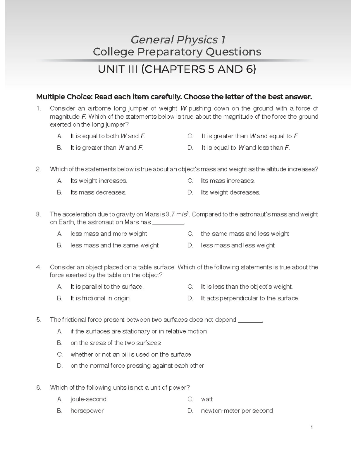 General Physics 1 CPT Unit 3: Multiple Choice Questions - Studocu