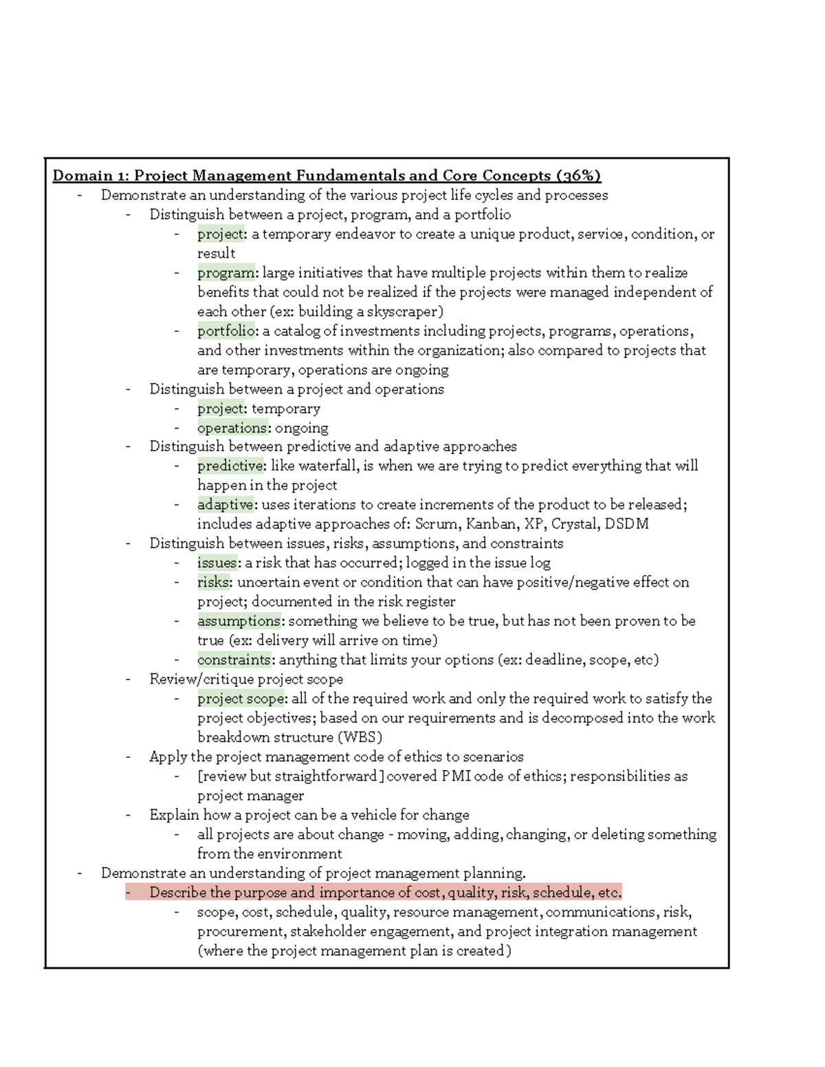Domain 1 CAPM Final Exam Study Notes on Project Management Basics - Studocu