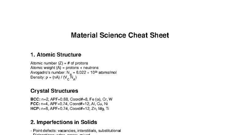 Material Science Cheat Sheet: Atomic Structure & Properties - Studocu