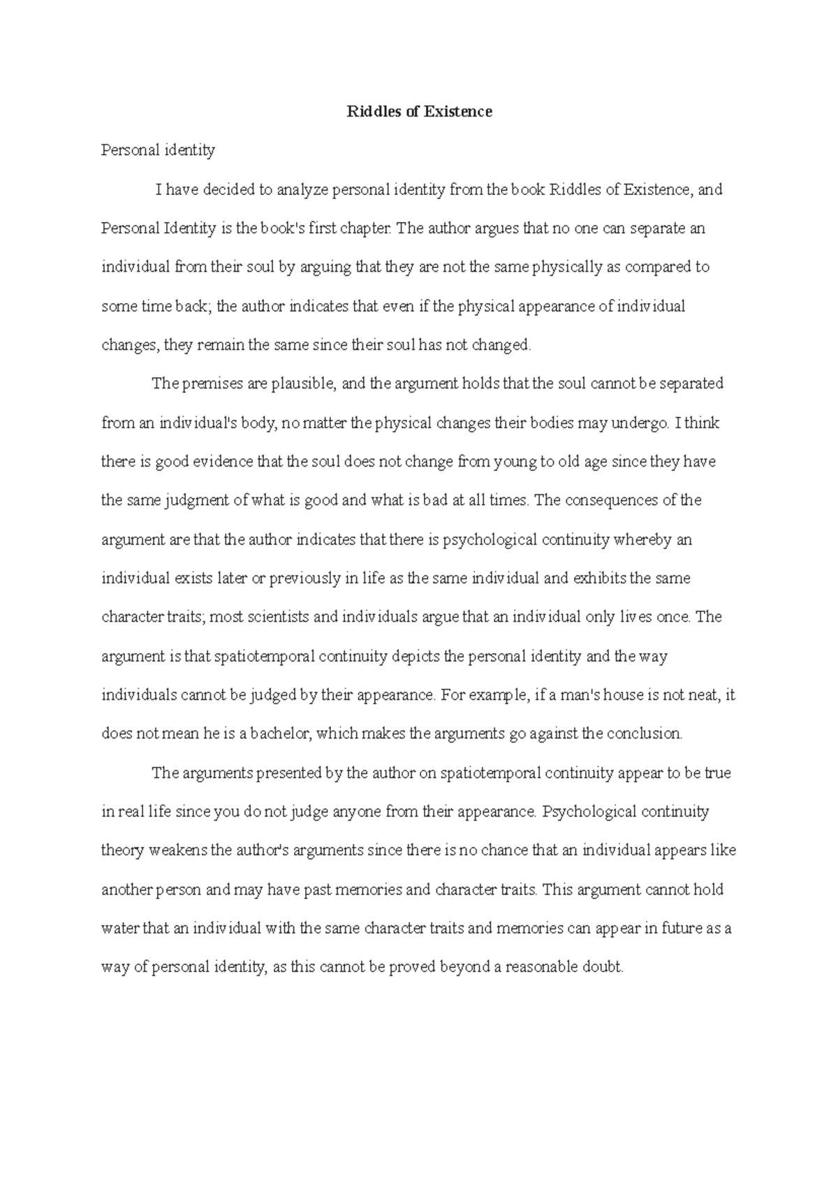 Riddles of Existence (Personal Identity) - The author argues that no ...