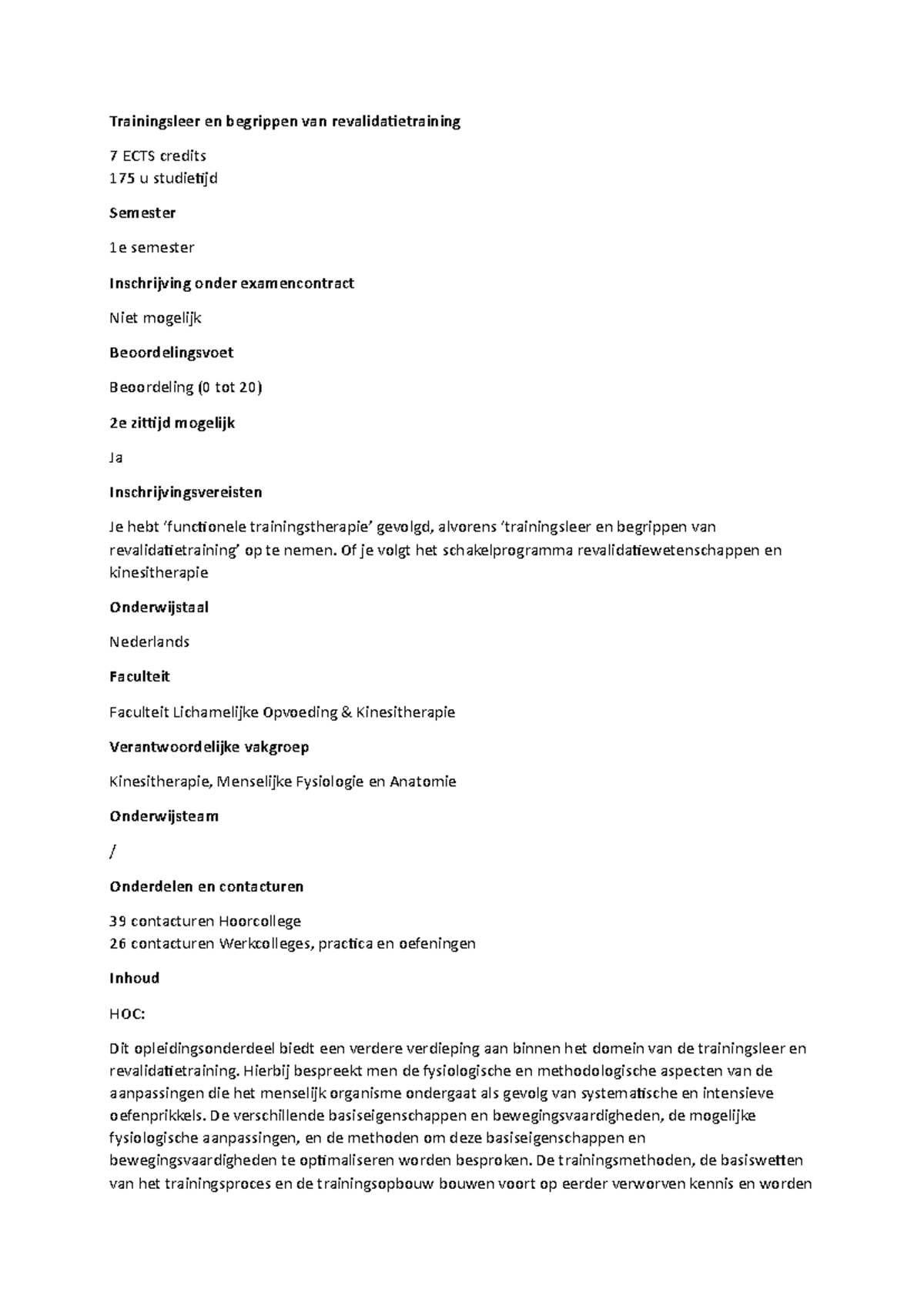 Studiedeelfiche Trainingsleer en Revalidatietraining 7 ECTS - Studocu