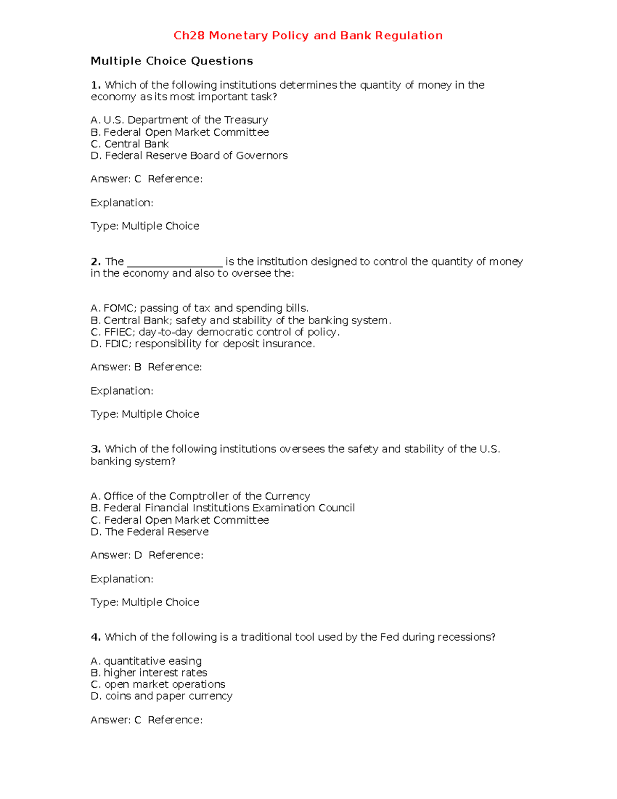 CH 28 Monetary Policy & Bank Regulation: Multiple Choice & Essay ...