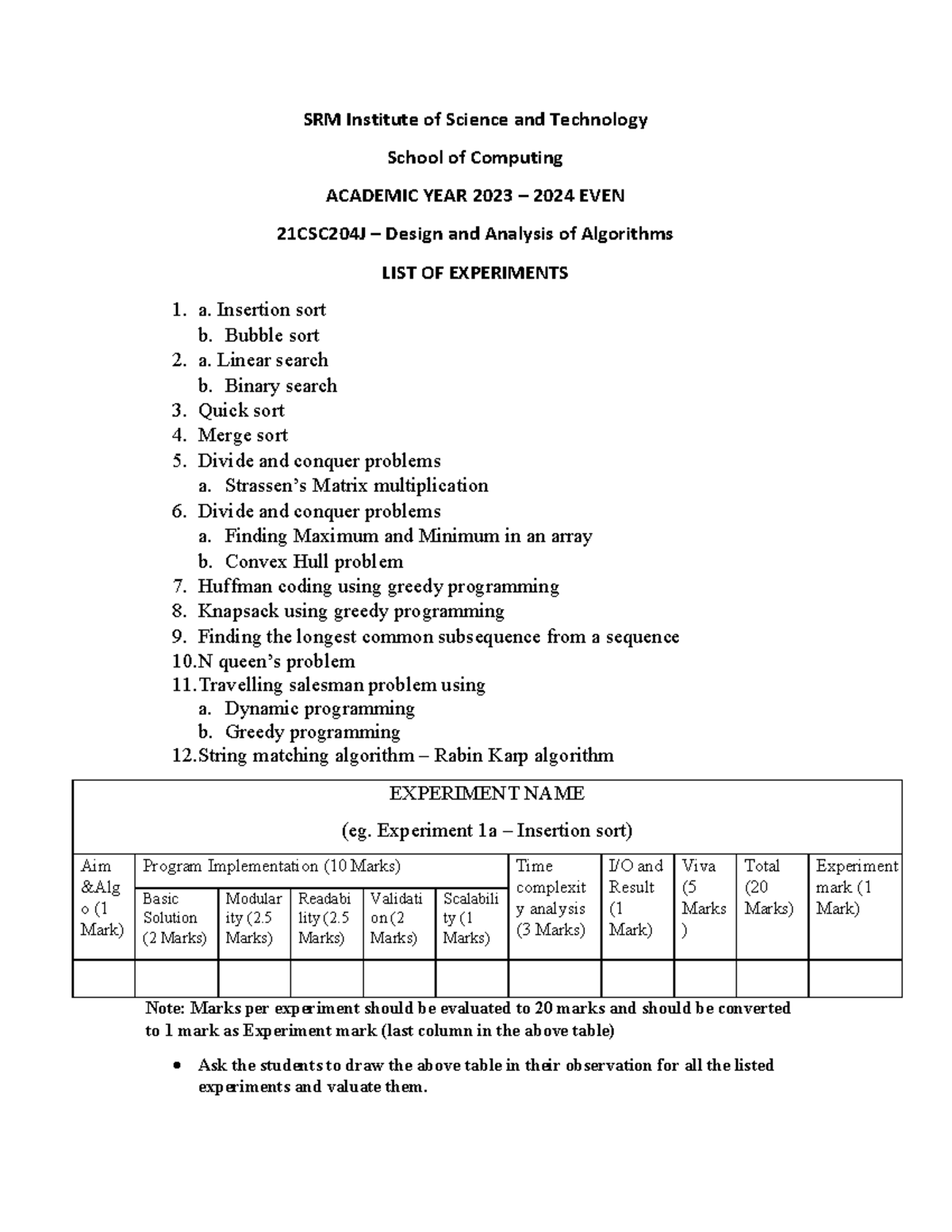 21CSC204J - DAA - Comprehensive List of Lab Experiments - Studocu