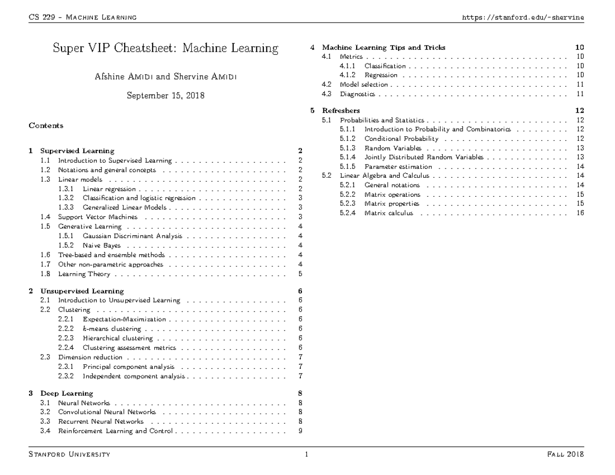 Cs229 2018 cheatsheet - Hsadvgv - CS 229 – Machine Learning stanford ...