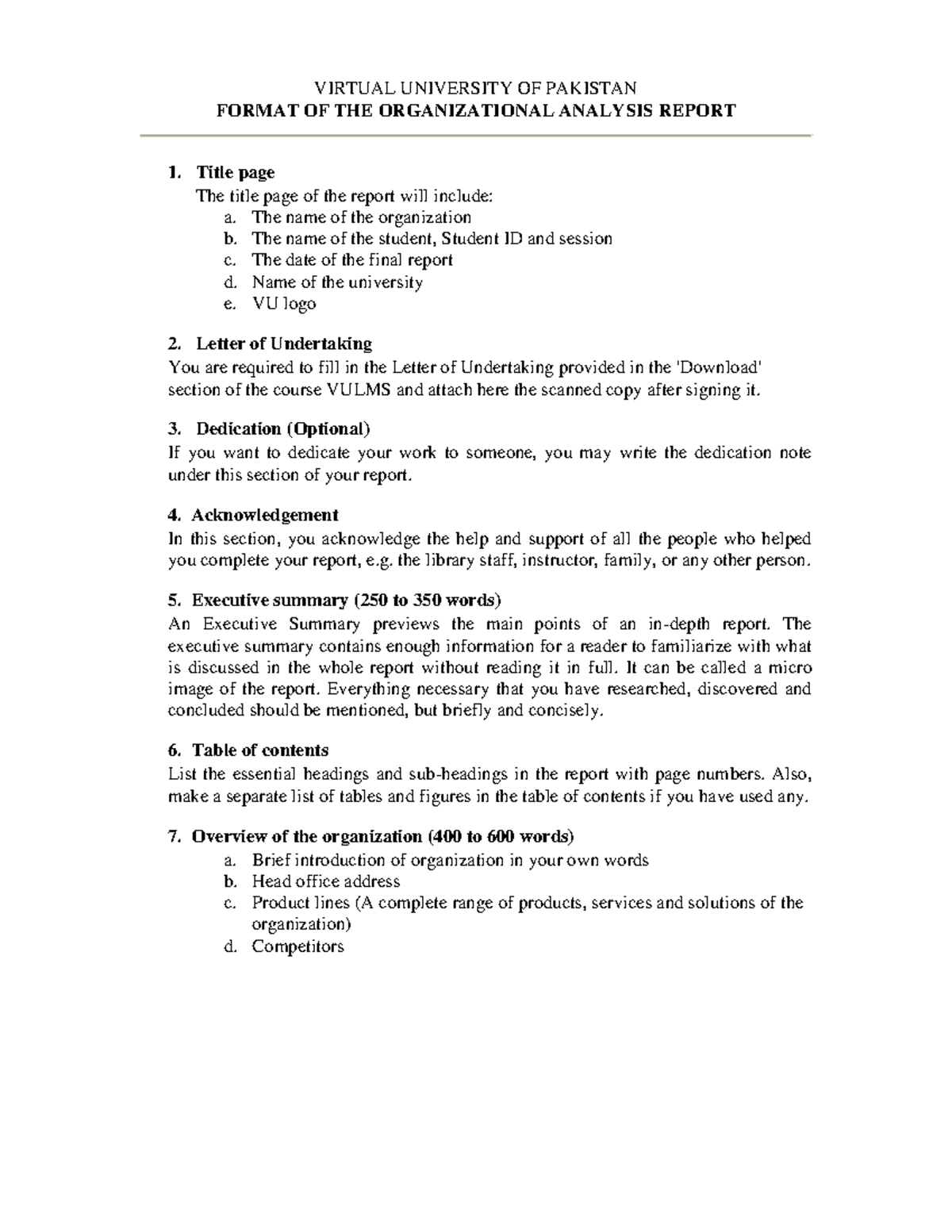 Organizational Analysis Report Format - VU MBA Guidelines - Studocu