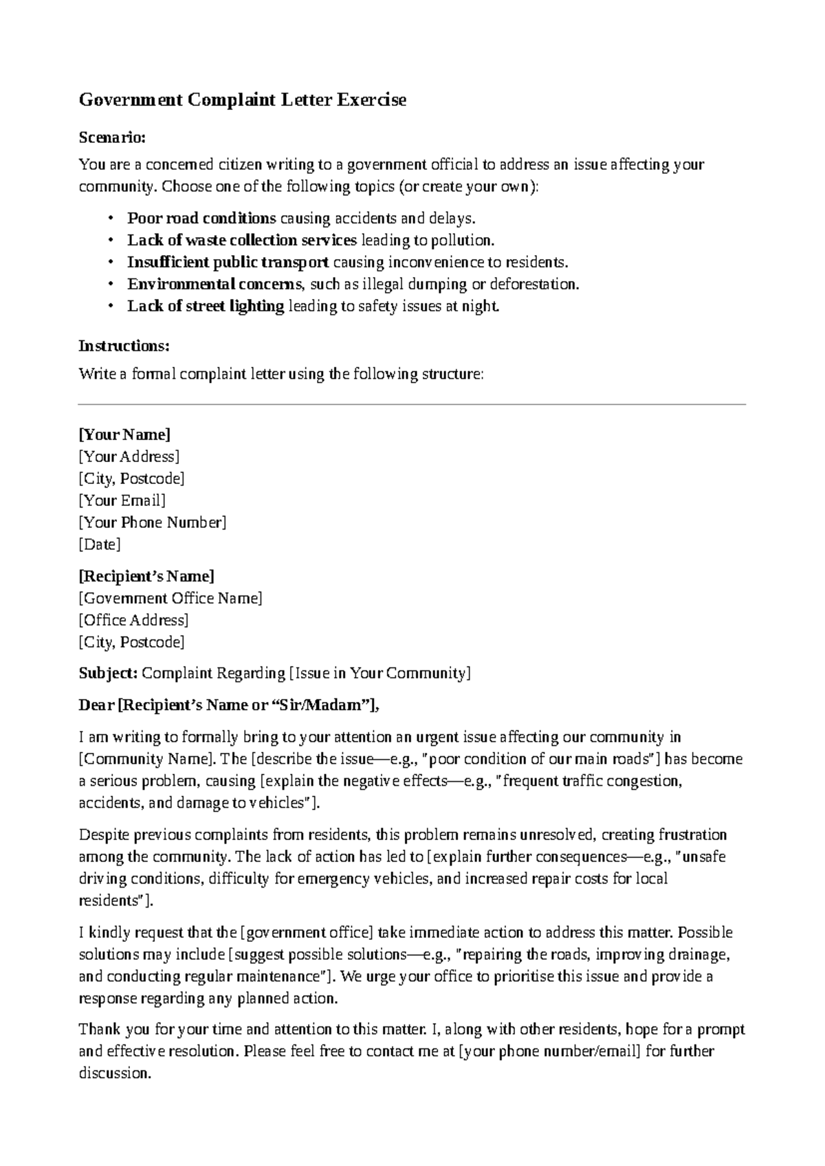 Formal Complaint Letter on Community Issues Completion Guide - Studocu