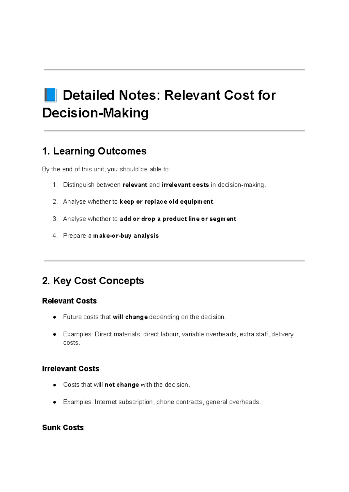 Relevant Cost Analysis for Decision-Making (Unit 6) - Studocu