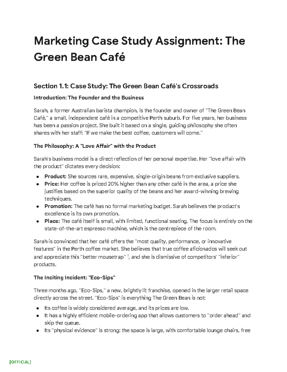 BUS124 Marketing Case Study: The Green Bean Café Analysis - Studocu