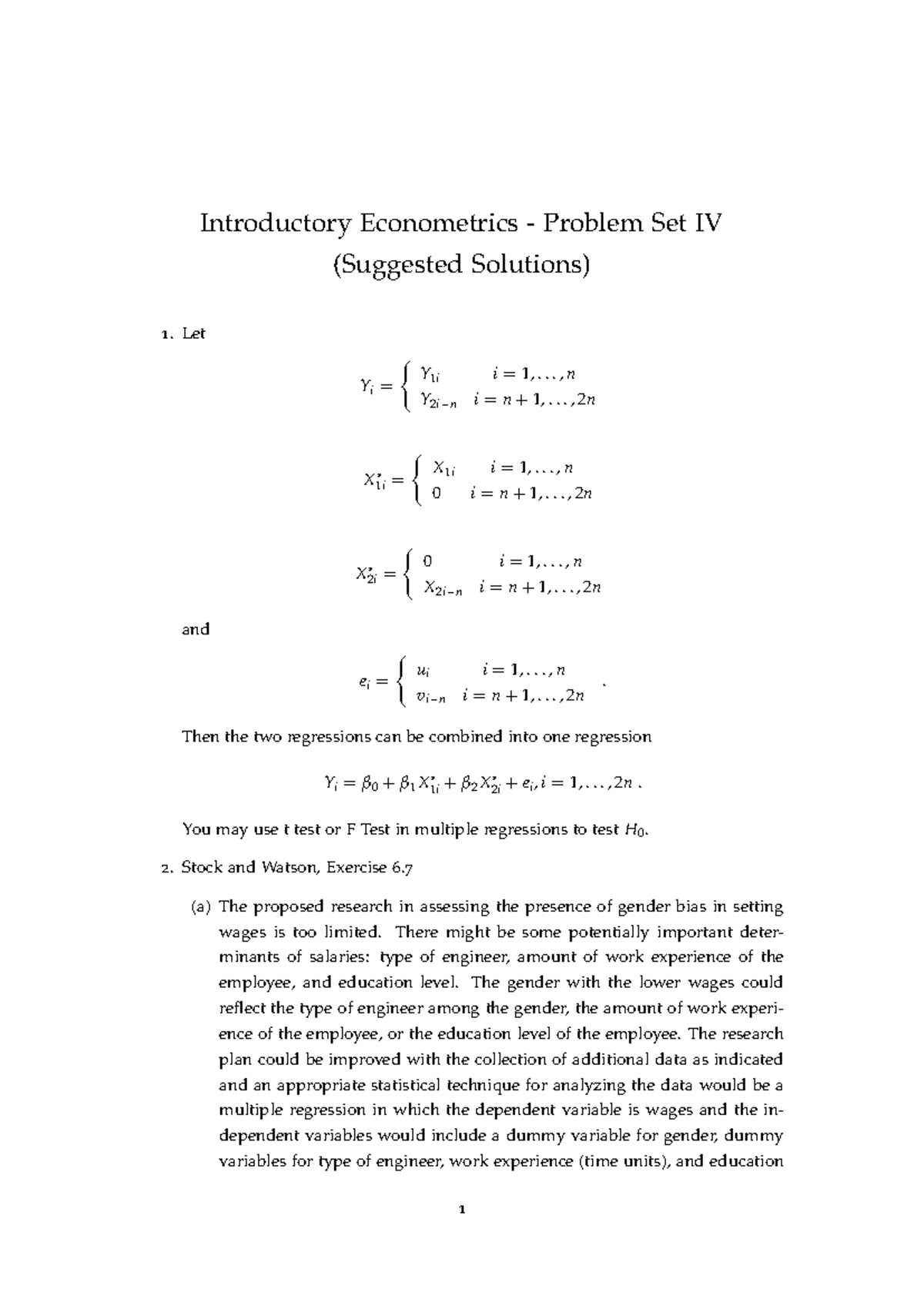 Introductory Econometrics Problem Set IV - Suggested Solutions - Studocu