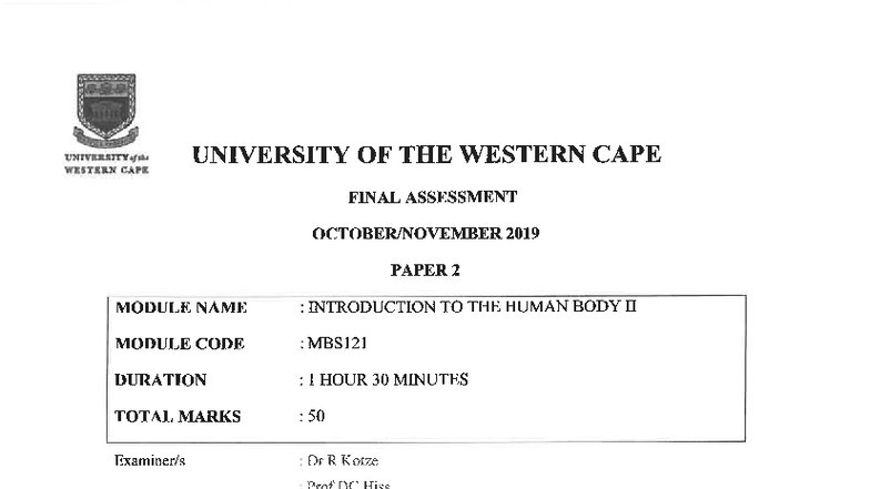 MBS121 Final Assessment 2019: Introduction to the Human Body II Paper 2 ...