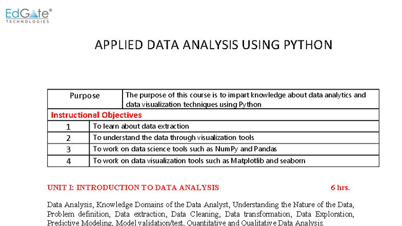 APPLIED DATA ANALYSIS USING PYTHON: COURSE OVERVIEW & OBJECTIVES - Studocu