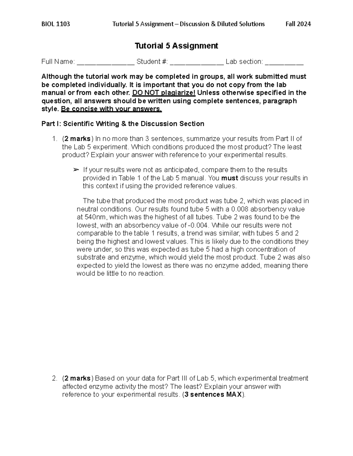 Tutorial 5: Biol 1103 Lab Assignment on Enzyme Reactions and Analysis ...