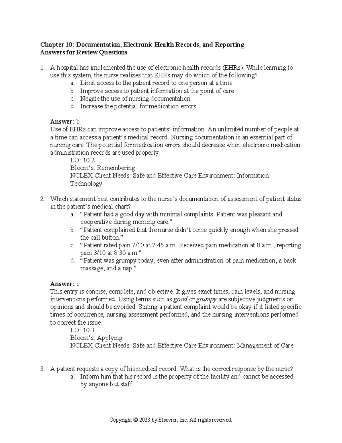 Chapter 10 - Review Questions on EHRs and Nursing Documentation - Studocu