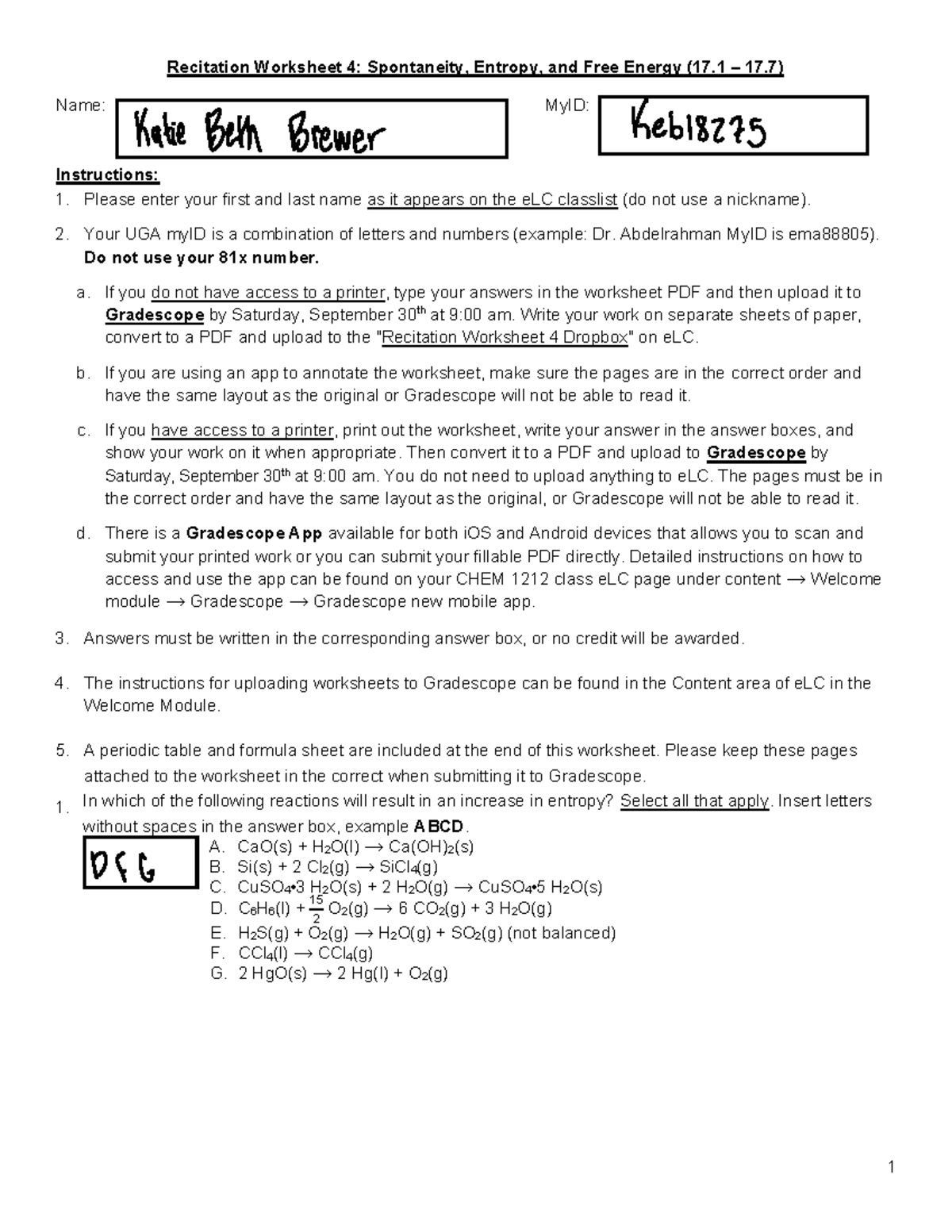 Recitation Worksheet 4: Spontaneity, Entropy & Free Energy (CHEM 1212 ...