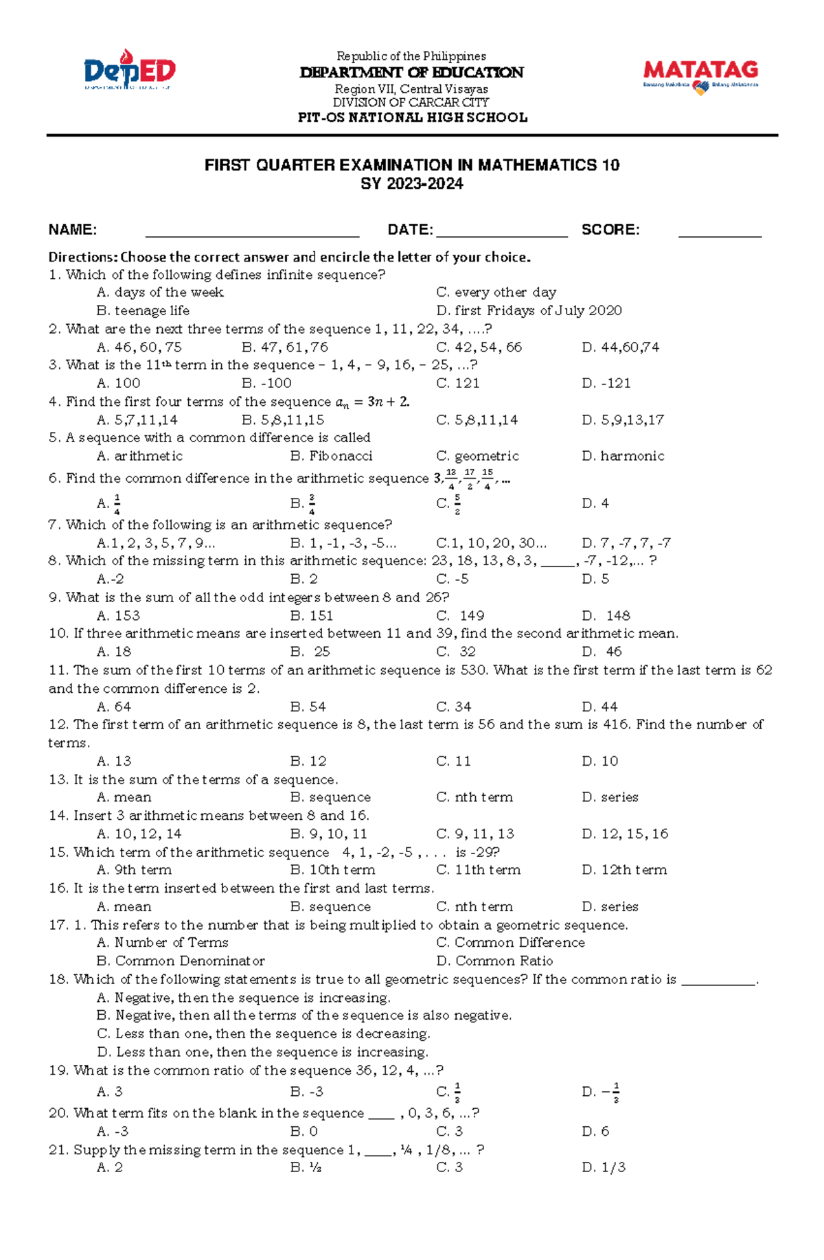 MATH 10 - Quarter 1 - Summative Exam Questions and Solutions - Studocu