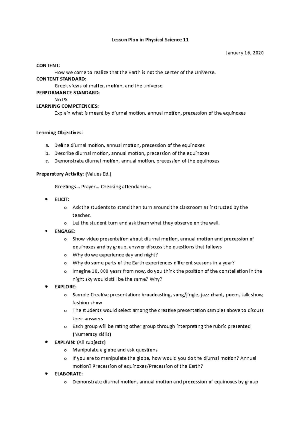 Physical Science 11 Lesson Plan: Exploring Earth’s Movements - Studocu
